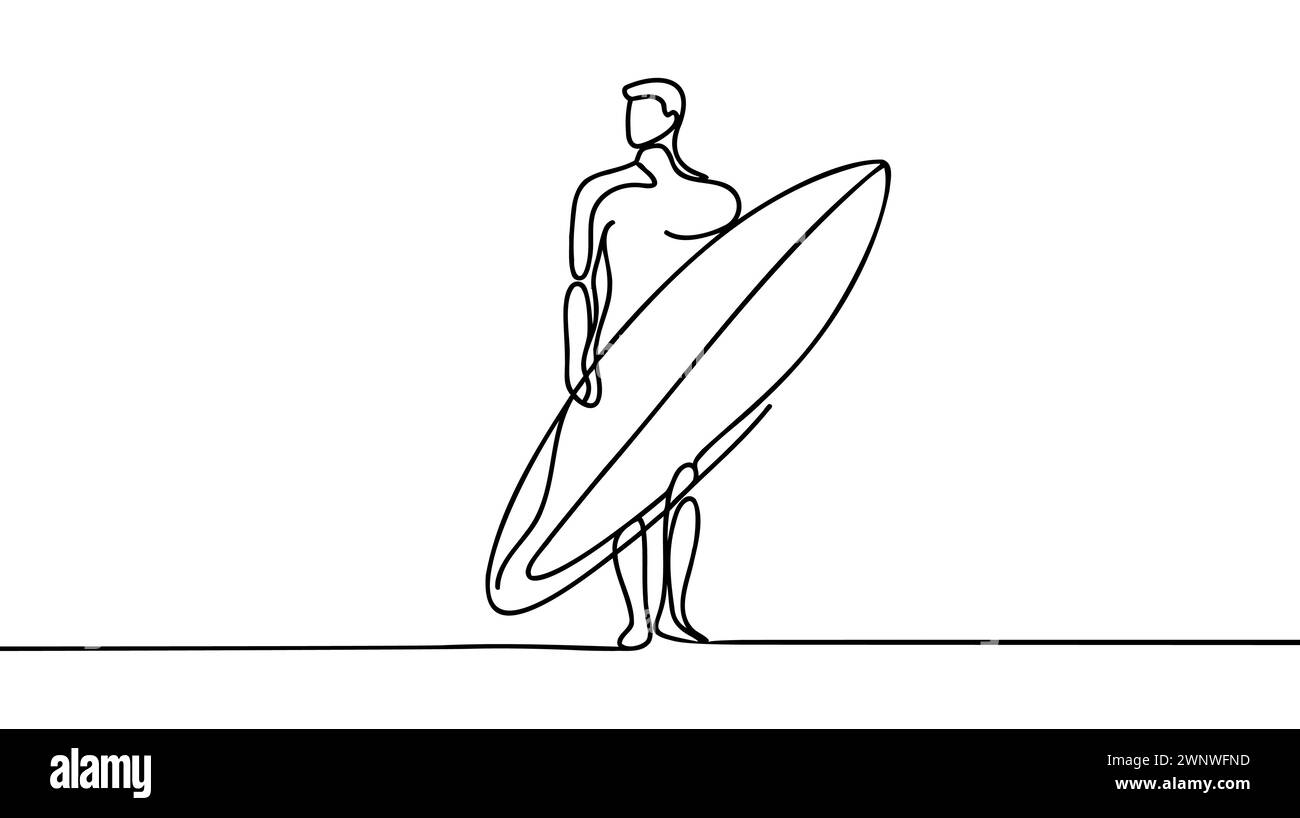 Continuous one single line drawn surfer line on a surfboard on the ...