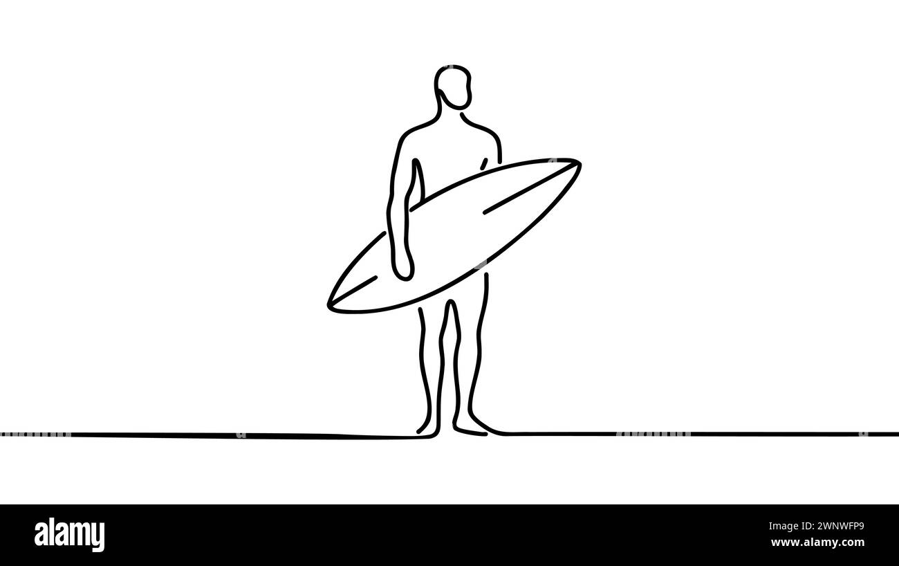 Continuous one single line drawn surfer line on a surfboard on the ...