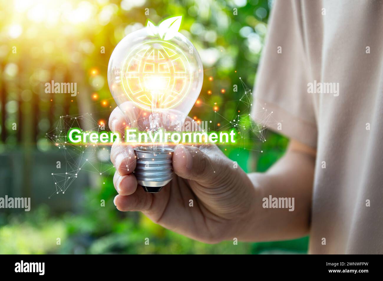 Glowing light bulb globe icon over network connection on nature ...