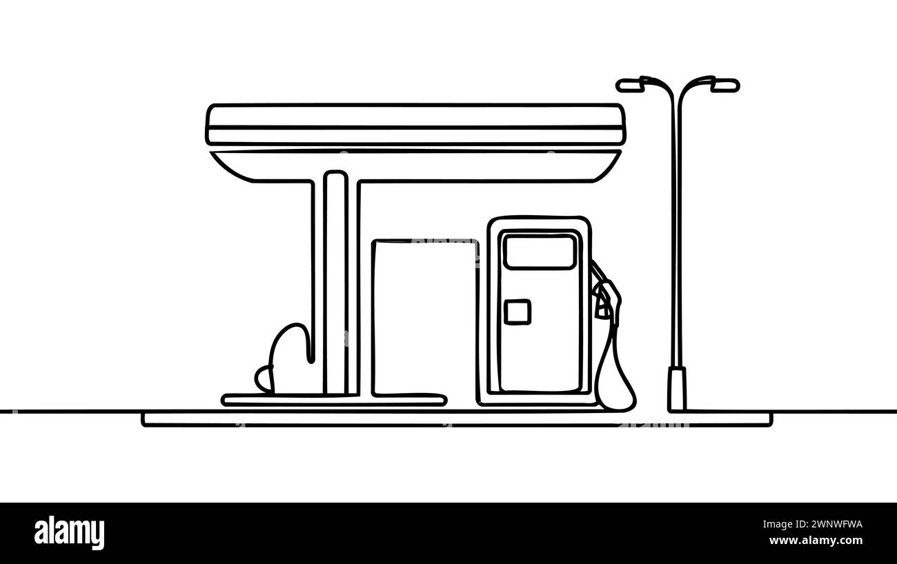 Single one-line drawing of a big gas station in town. Gas station ...