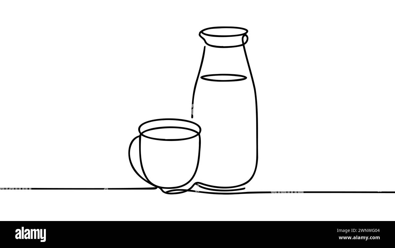 Continuous single drawn one line a glass of milk and a milk package ...