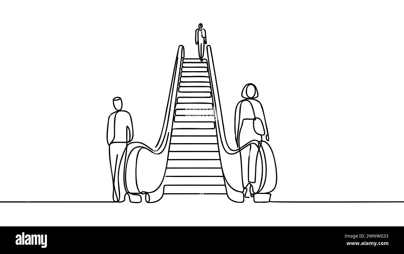 Beautiful woman going up by moving escalator. career ladder of an ...