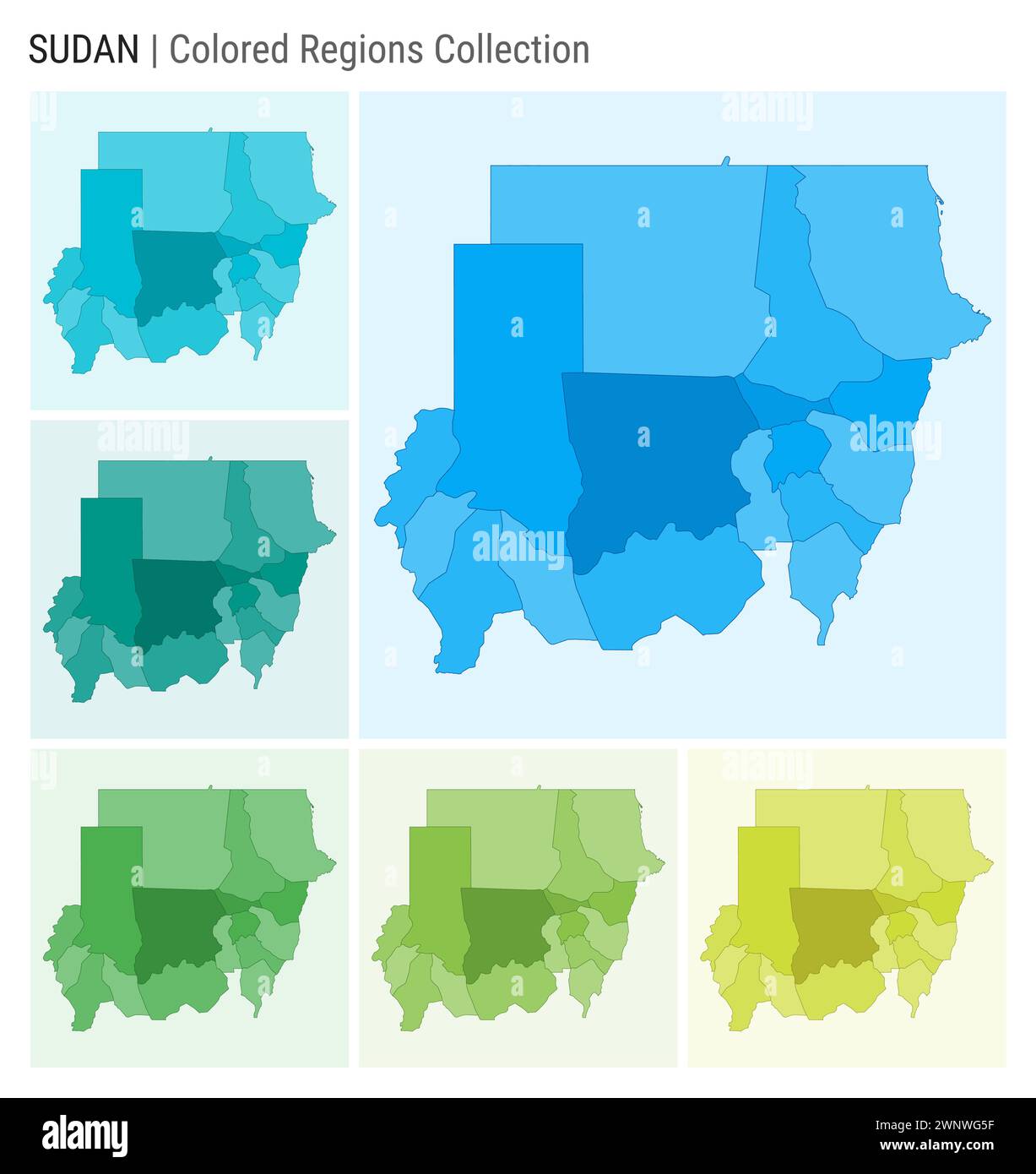 Sudan map collection. Country shape with colored regions. Light Blue ...