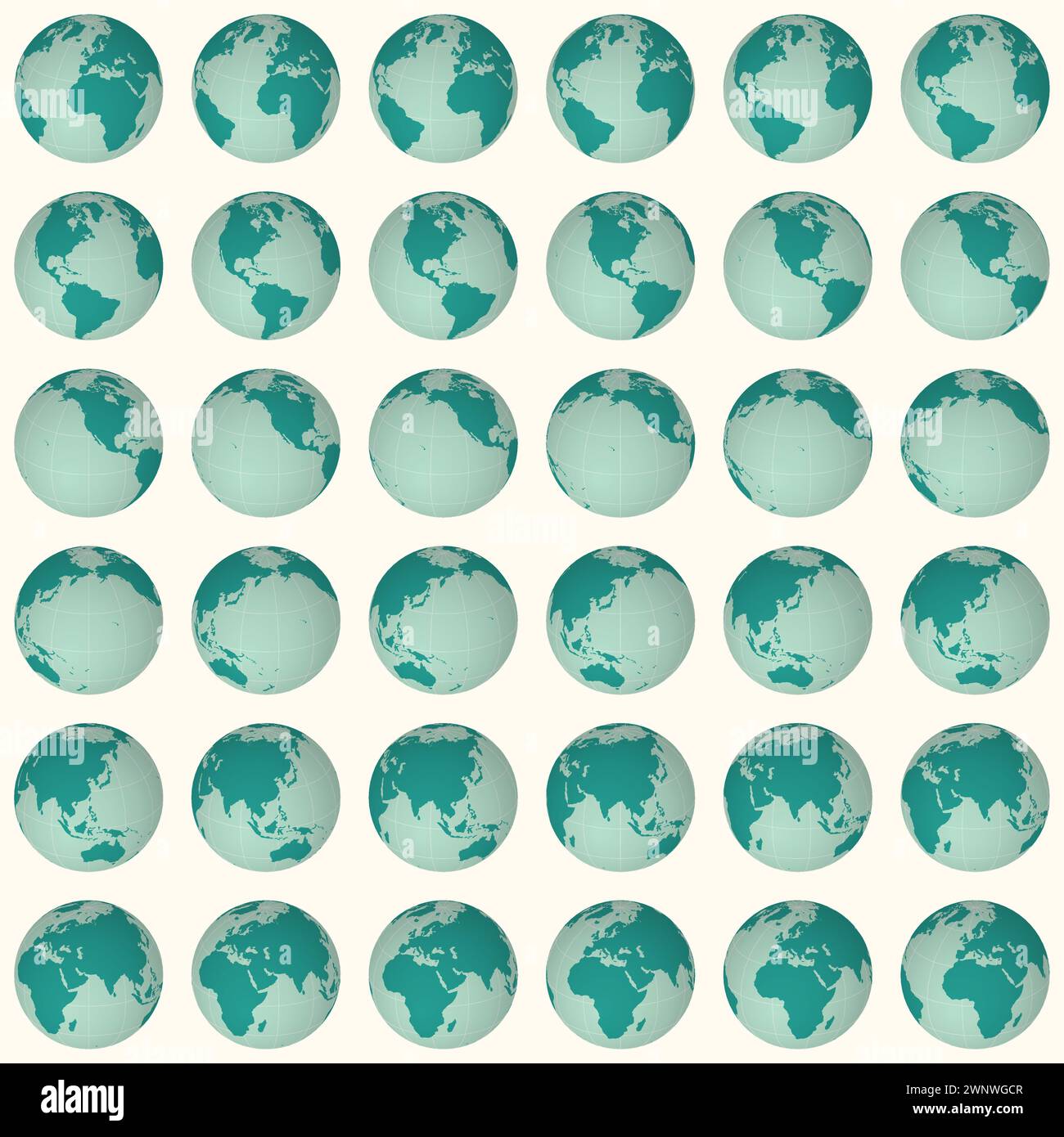 Collection of globes. Slanted sphere view. Rotation step 10 degrees ...