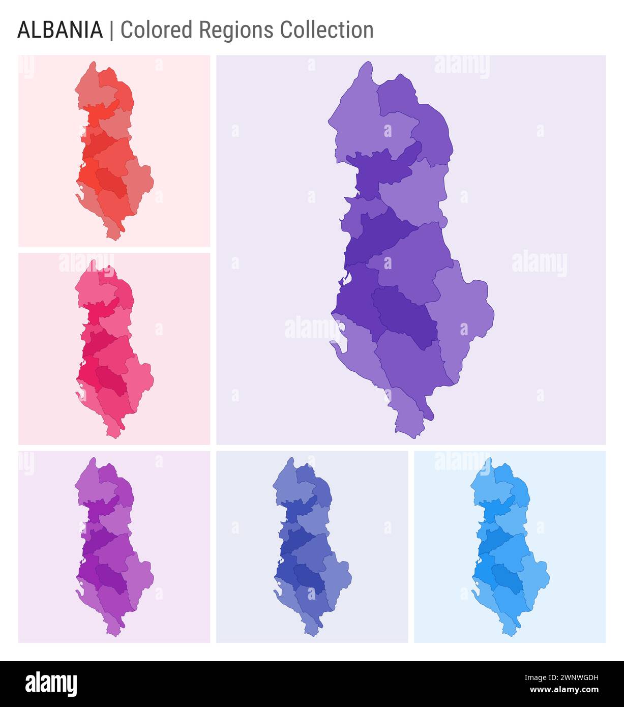 Albania map collection. Country shape with colored regions. Deep Purple ...