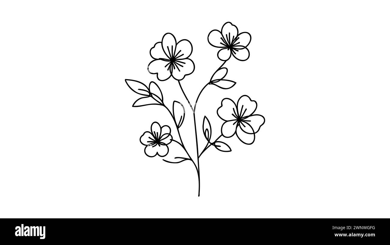 Hand drawn cherry blossom. Sakura branch with flower one continuous ...