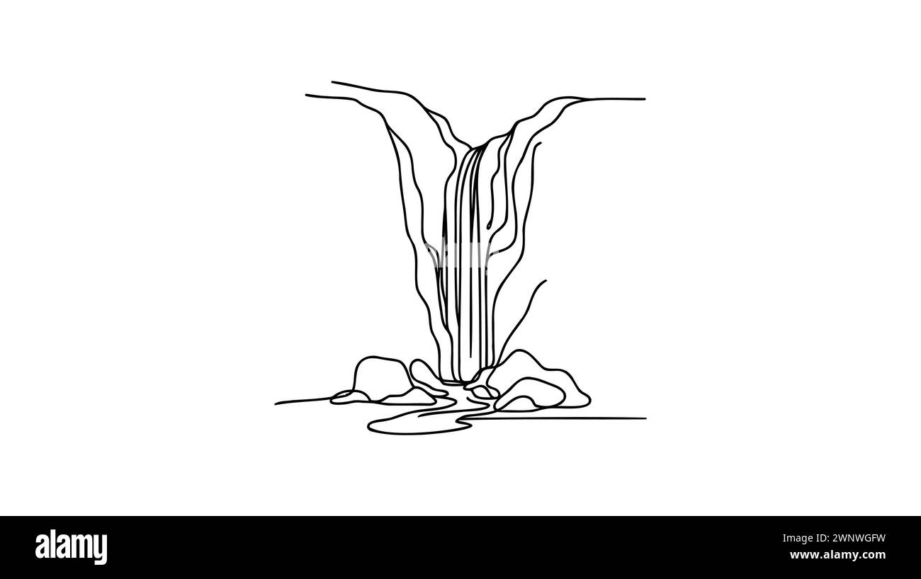 Continuous one line drawing. Landscape with mountains, waterfall and ...