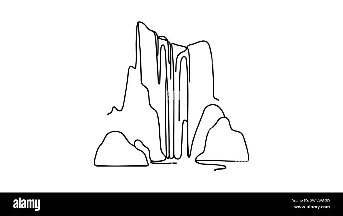 Continuous one line drawing. Landscape with mountains, waterfall and ...