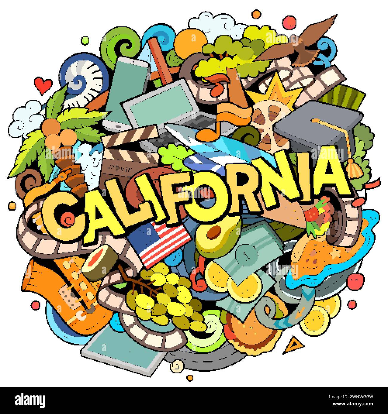 California hand drawn cartoon doodle illustration. Funny USA State ...