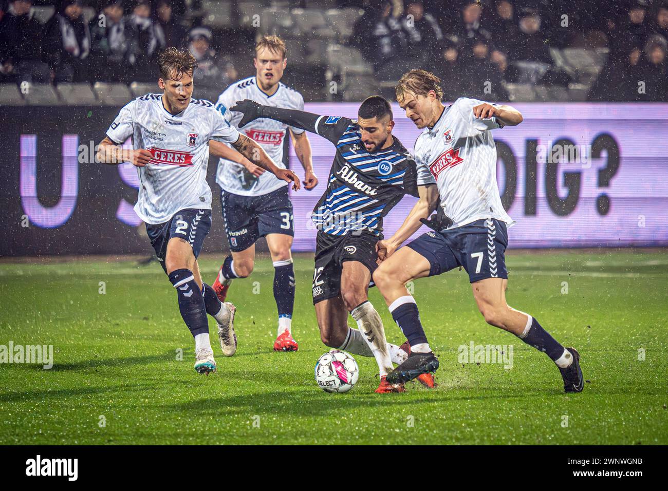 Aarhus, Denmark. 03rd Mar, 2024. Rami Hajal (22) of OB and Mads Emil ...