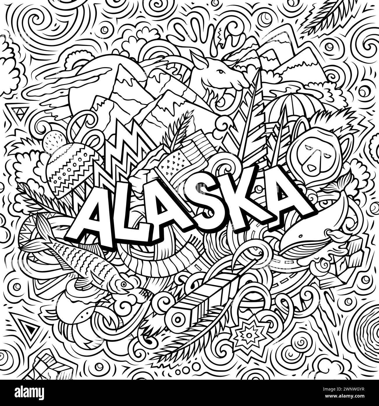 Alaska hand drawn cartoon doodle illustration. Funny USA State design ...