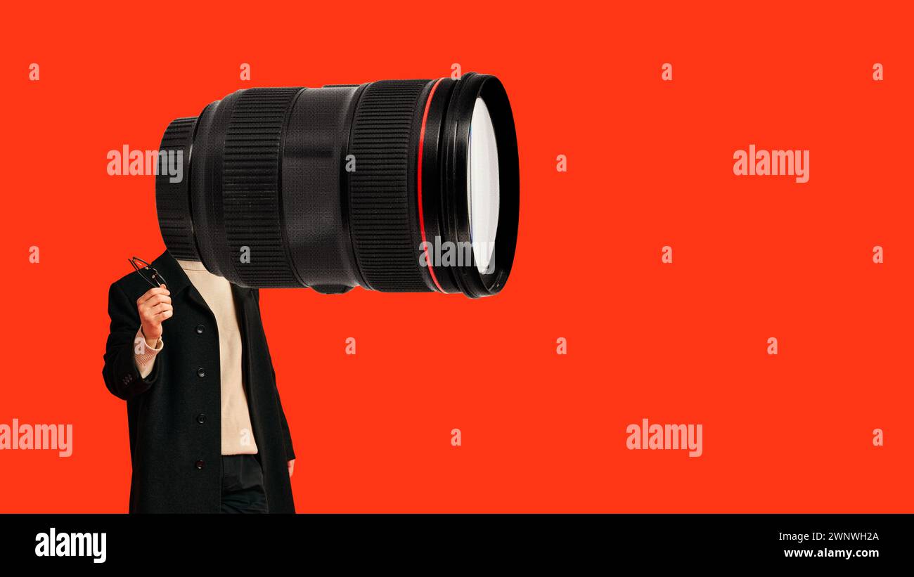 Contemporary art collage. Young man in black trench with huge modern ...