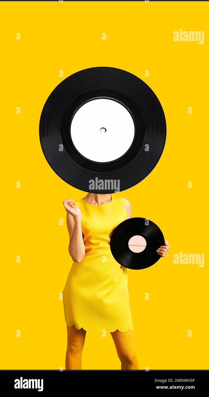 Contemporary art collage. Young woman with huge vinyl audio recorder ...