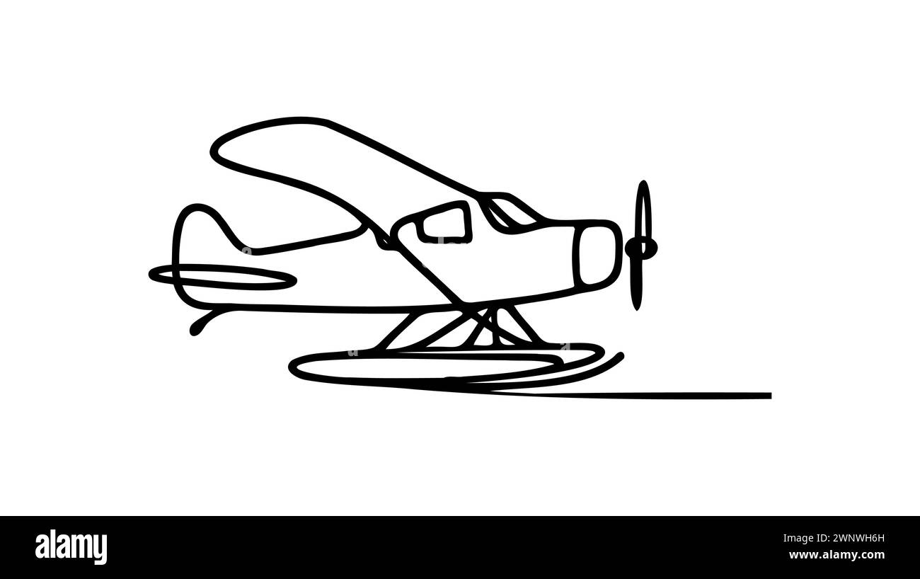 Small plane flying in the sky in continuous line art drawing style ...