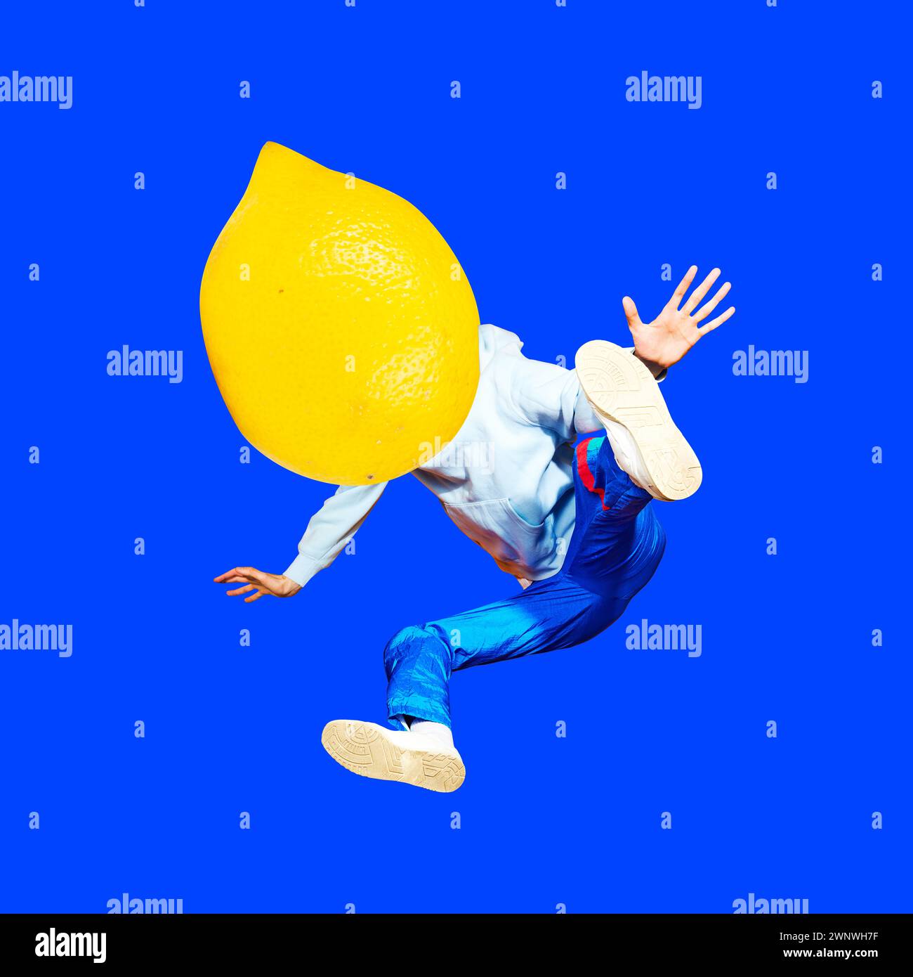 Contemporary art collage. Human with lemon instead of head dancing on ...