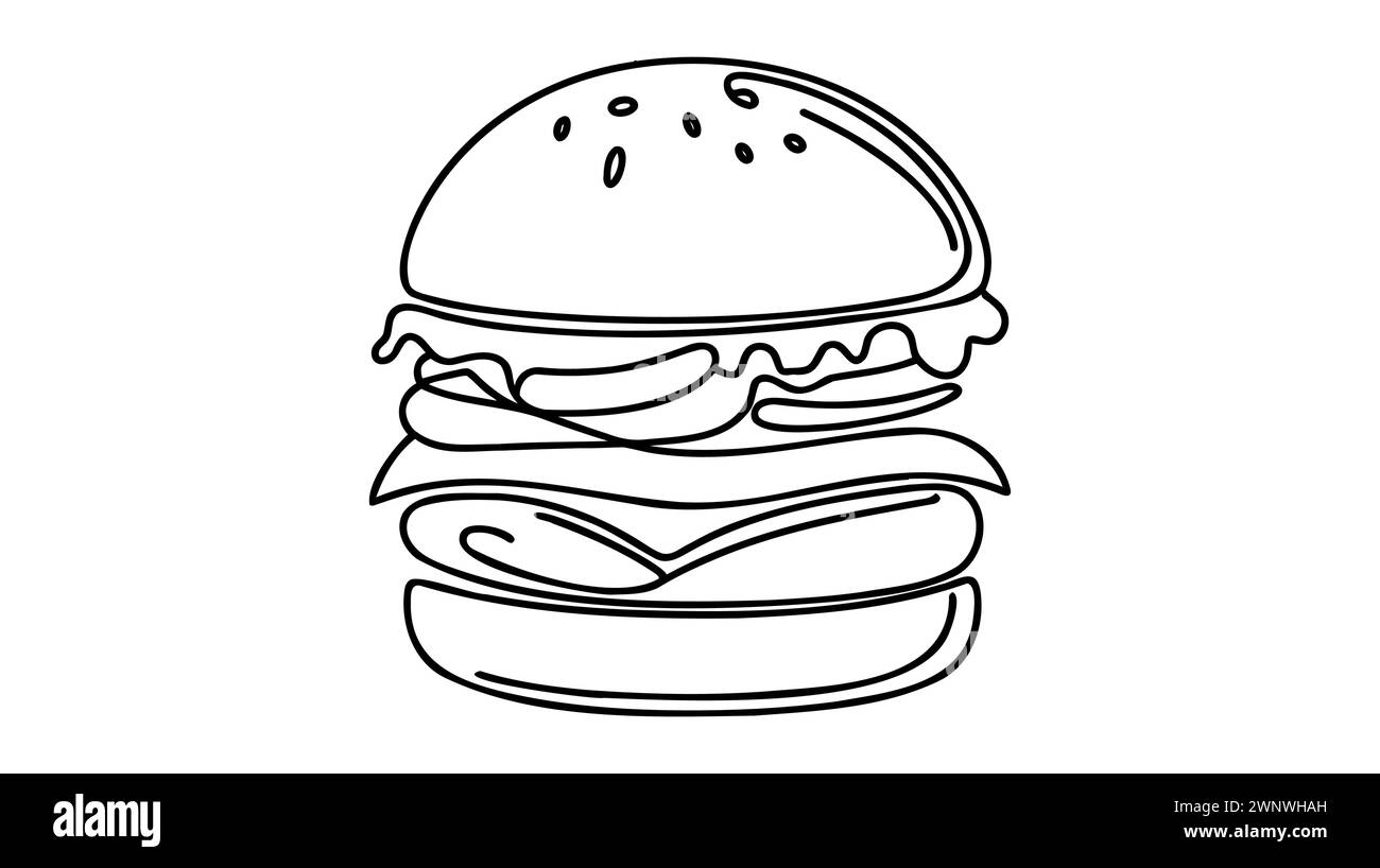 One continuous line drawing of fresh delicious American burger ...