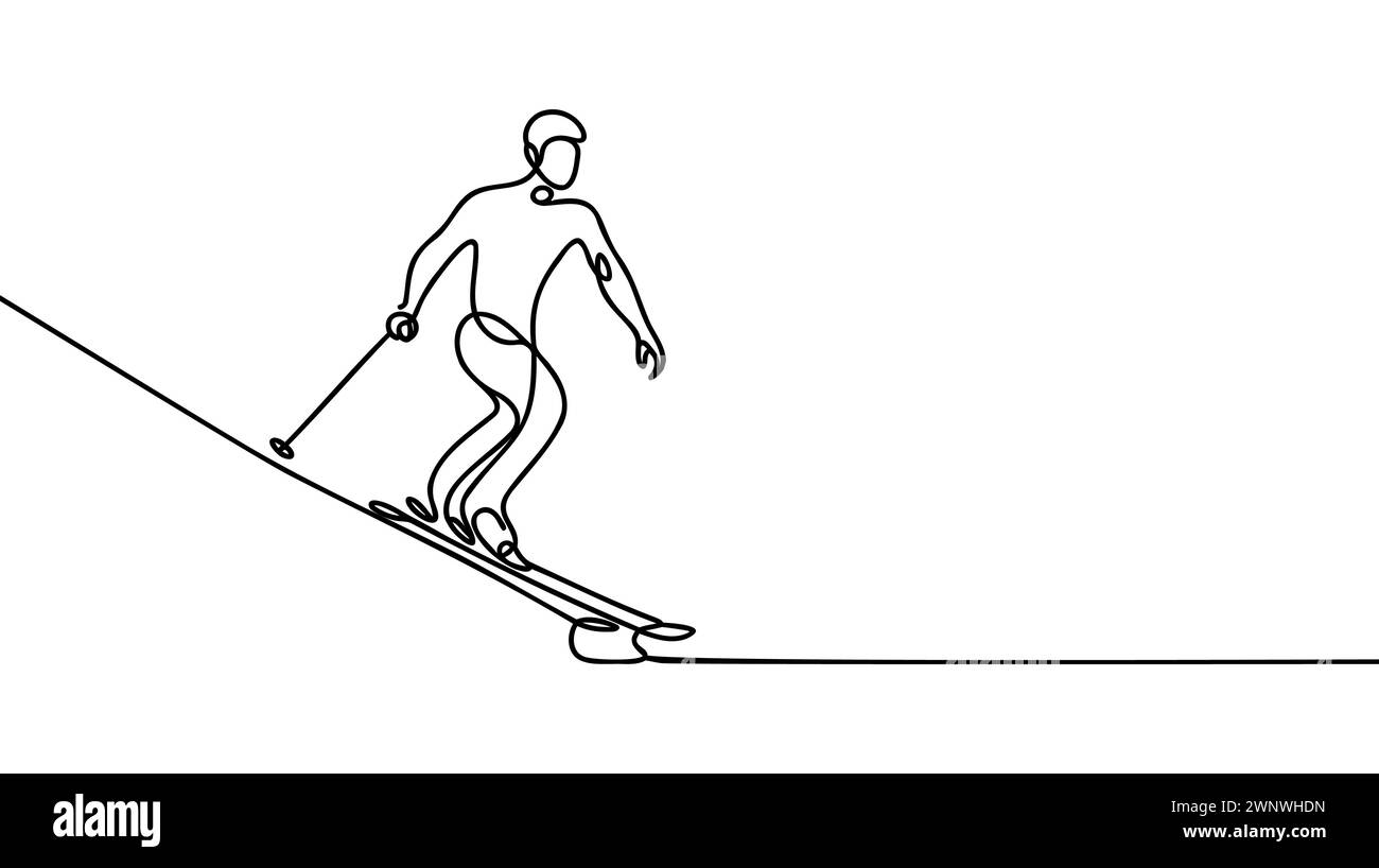 Thin one continuous line illustration drawing skier, skiing, descent ...