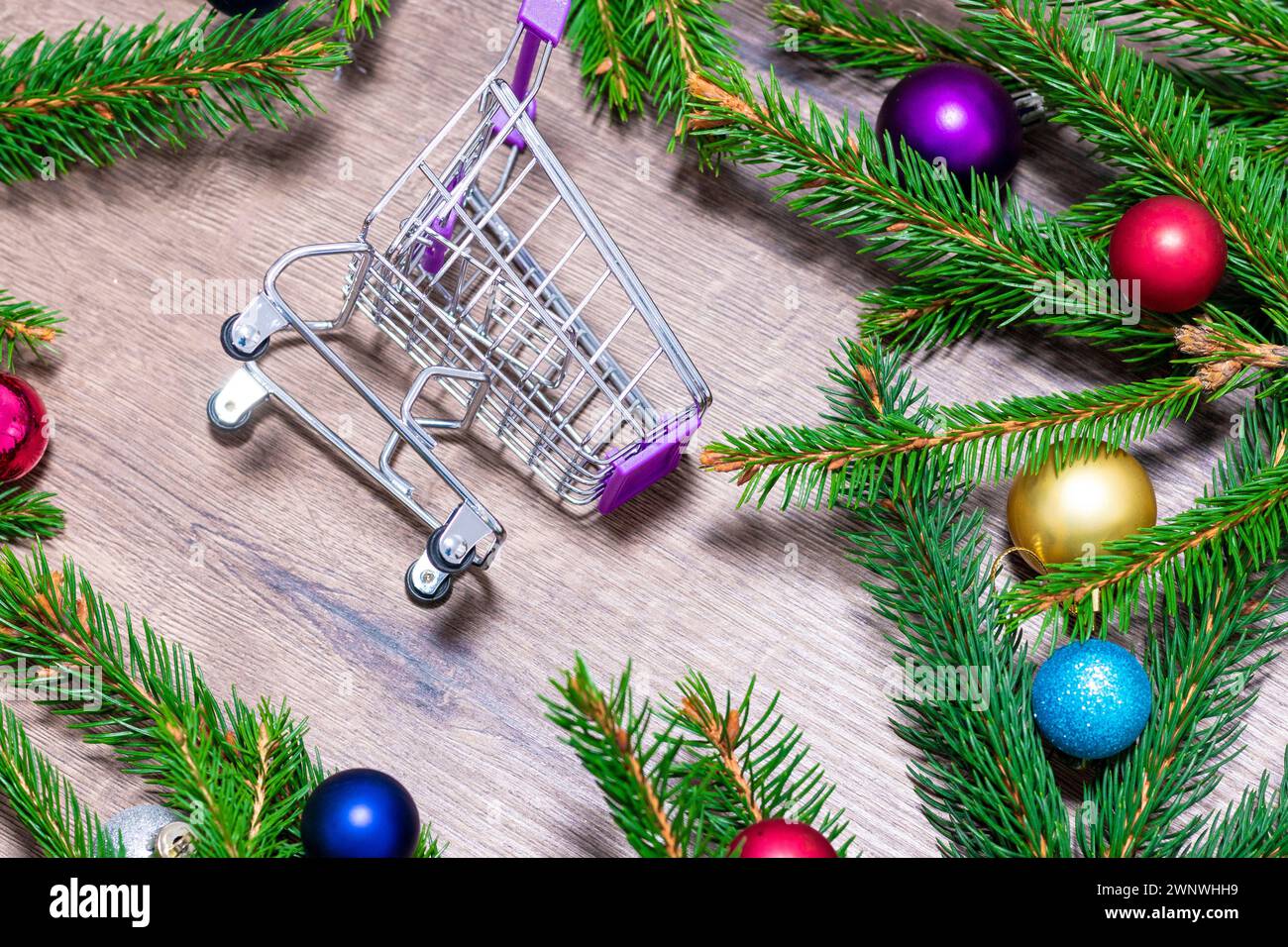 Trolley . Branches of a Christmas tree. Cart . Concept for Christmas ...