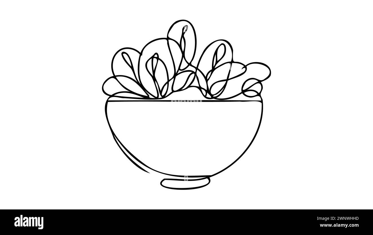 Single continuous line drawing of stylized vegetables salad on bowl ...