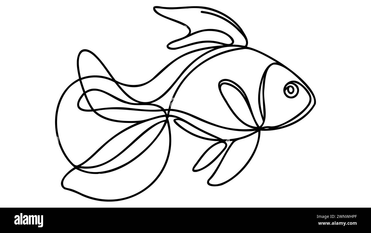Fish in continuous line art drawing style. Minimalist black linear ...
