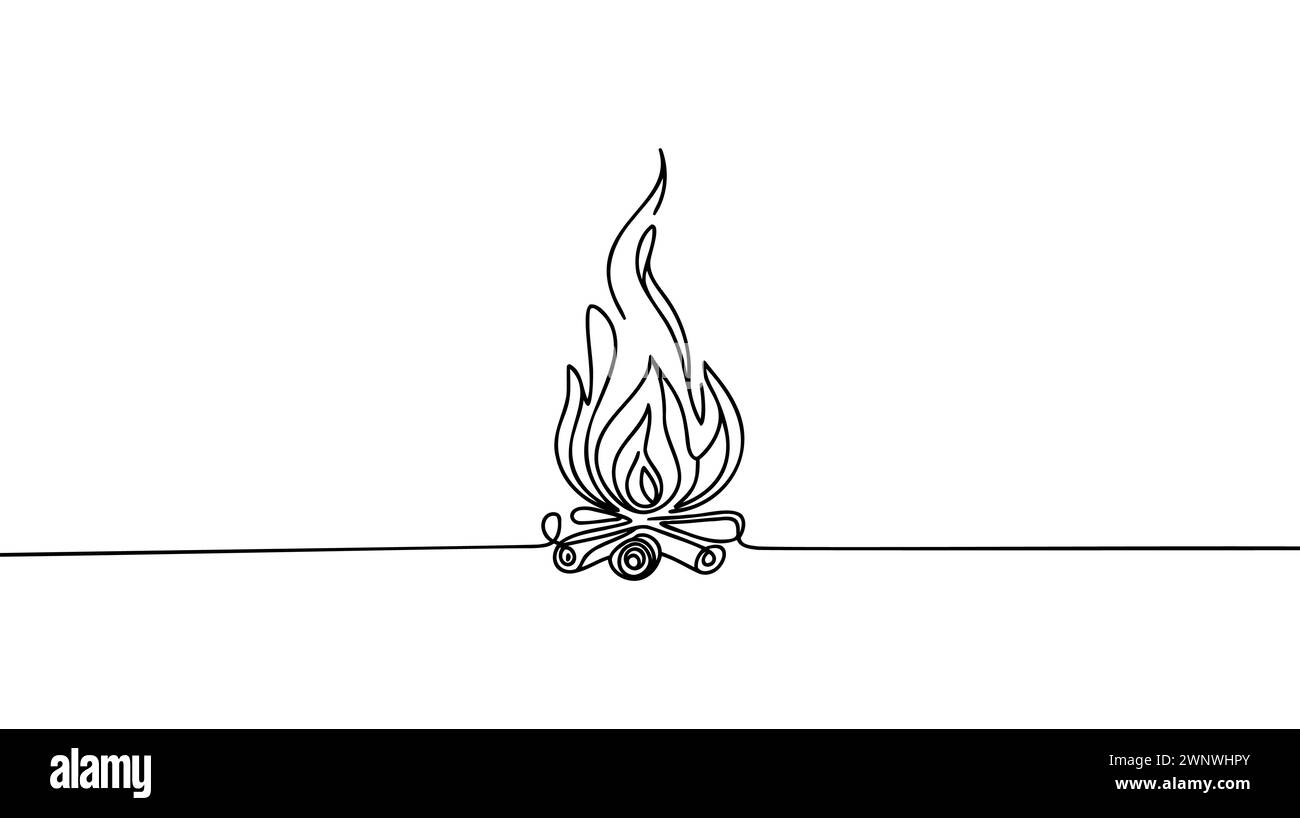 Bonfire in one continuous line art drawing style. Campfire black line ...