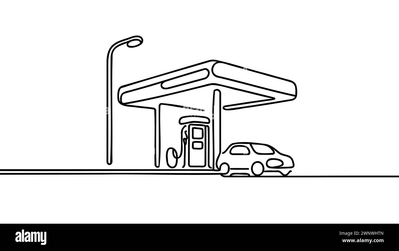 Single one-line drawing of a big gas station in town. Gas station ...