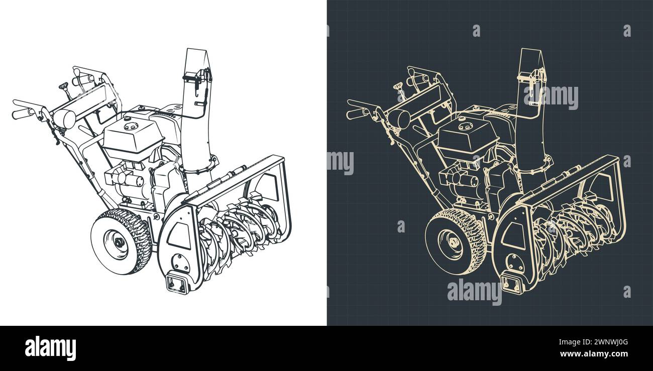 Stylized vector illustration of isometric blueprints of snowblower ...