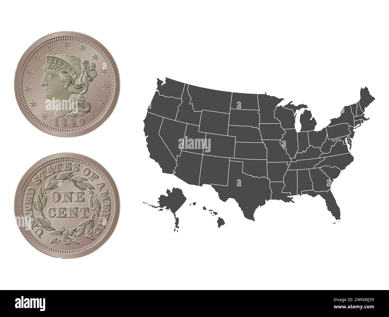 Vector American money, one cent coin, 1840-1857. Vector illustration ...