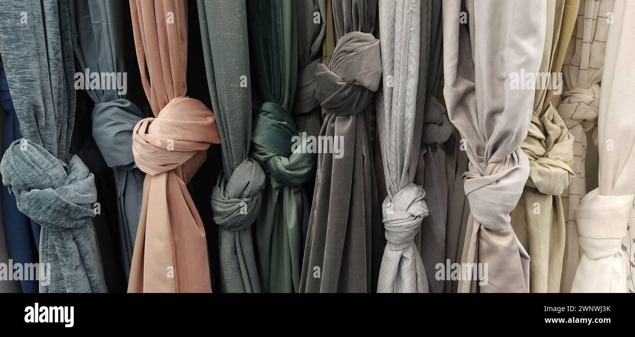 Curtain and fabric for drapery and interior decoration. Samples of ...