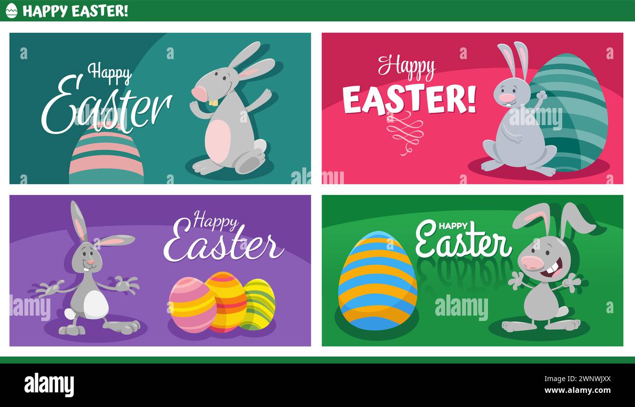 Cartoon illustration of happy Easter Bunnies characters with painted ...