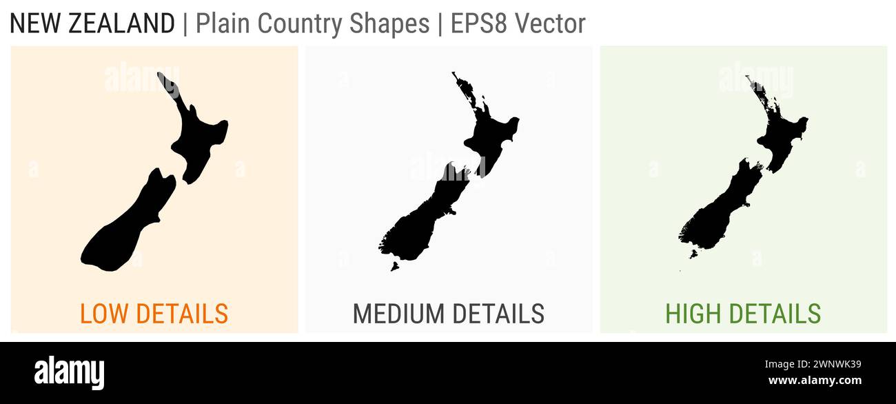 New Zealand - plain country shape. Low, medium and high detailed maps ...