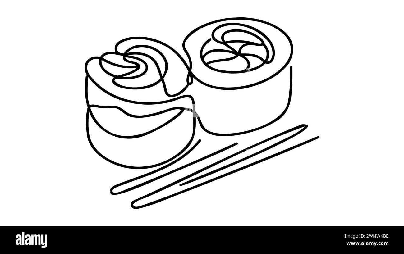 Vector continuous one single line drawing of sushi rolls in silhouette ...