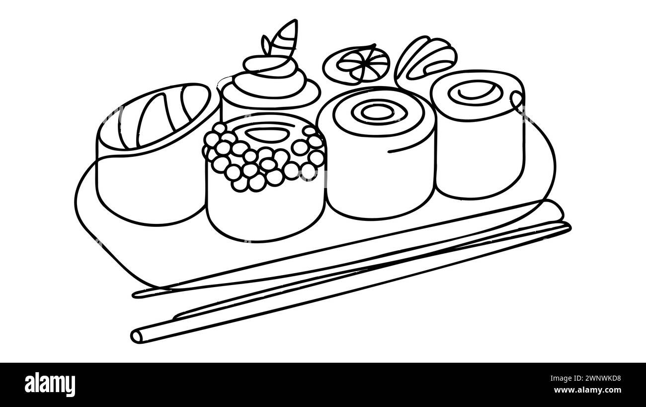 Vector continuous one single line drawing of sushi rolls in silhouette ...