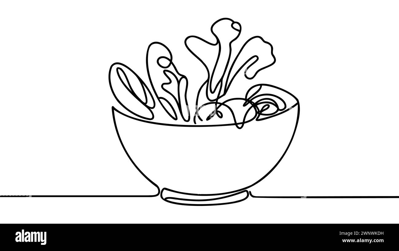 Single continuous line drawing of stylized vegetables salad on bowl ...