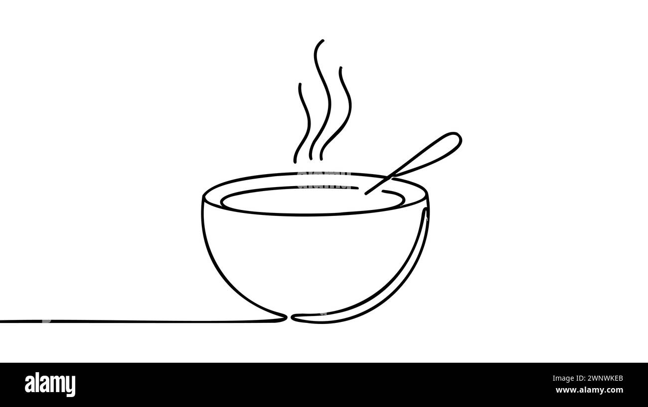 Continuous one single line of a soup with spoon food concept in ...