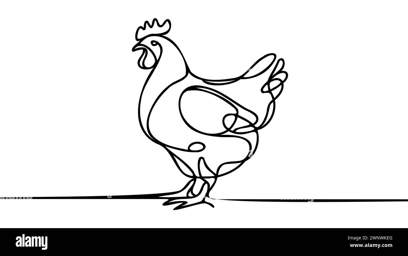 Hen in continuous line art drawing style. Chicken minimalist black ...