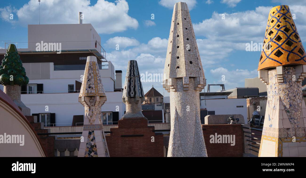 Palacio Guell chimneys at the roof terrace during the day,Barcelona ...