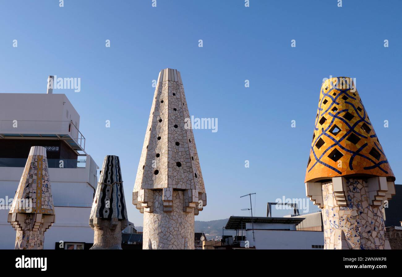 Palacio Guell chimneys at the roof terrace during the day,Barcelona ...