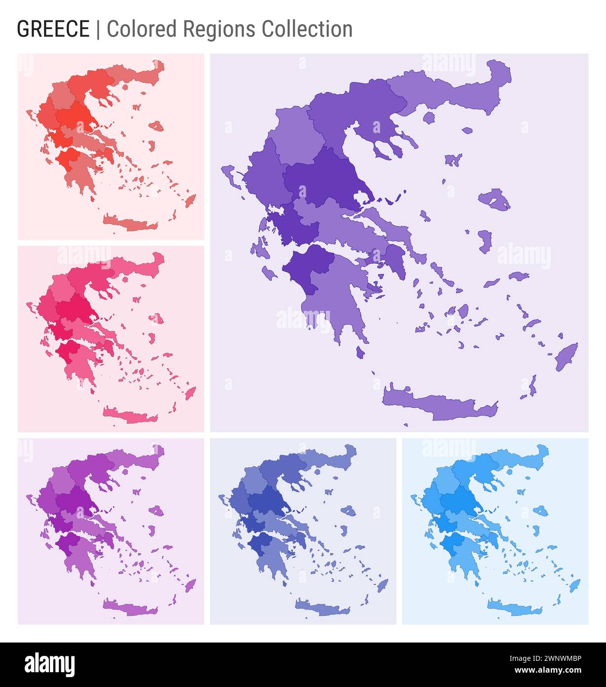 Greece map collection. Country shape with colored regions. Deep Purple ...
