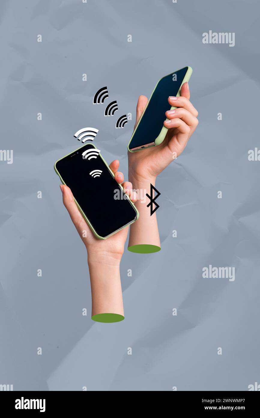 Vertical collage photo 3d human hands hold smartphones bluetooth remote ...