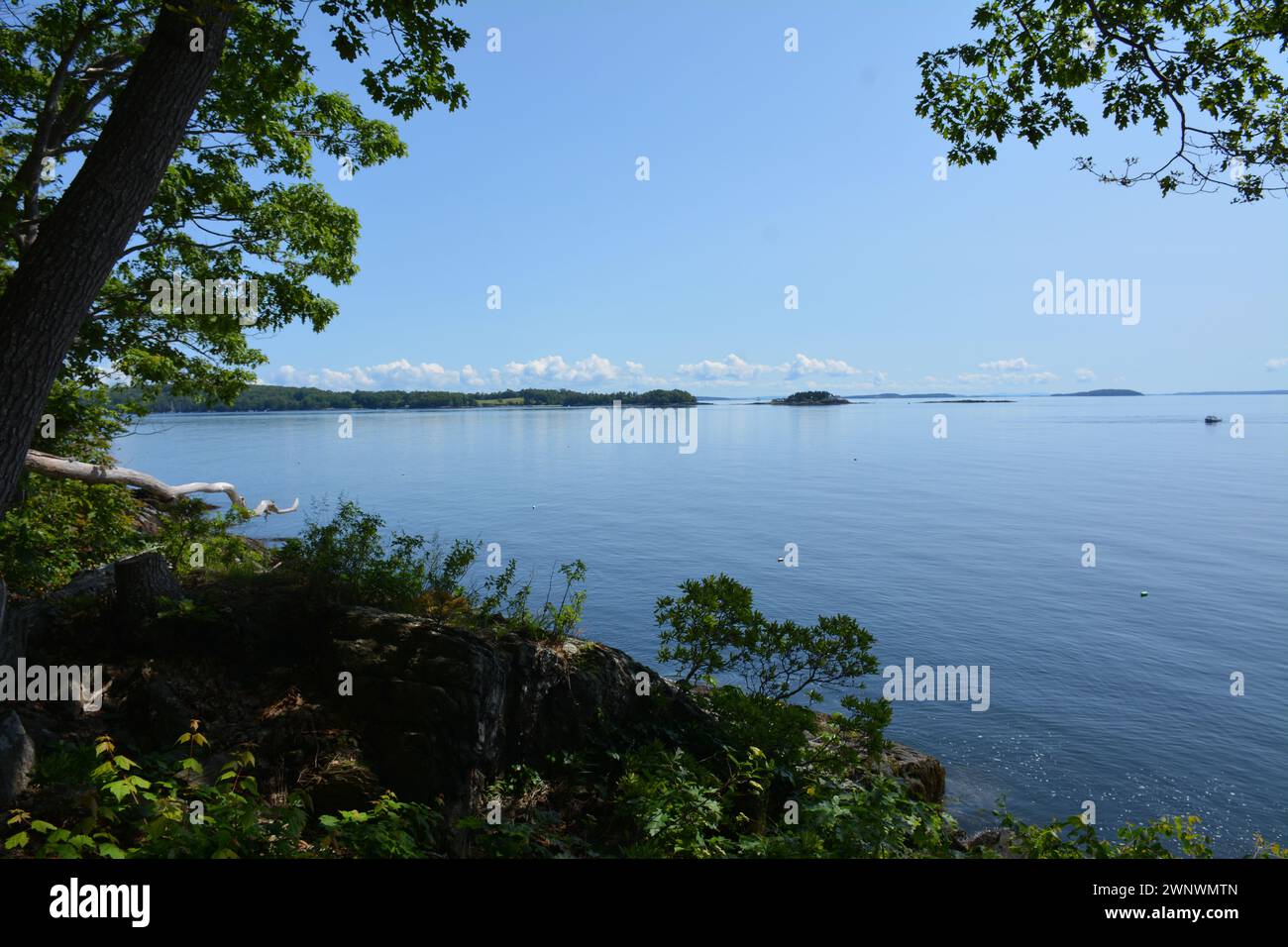 Horizon with island and landforms on Atlantic near Rockport, Maine ...