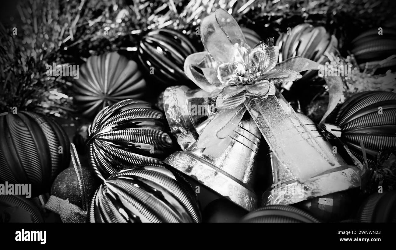 Christmas background with Christmas decorations, holiday balls, bells ...