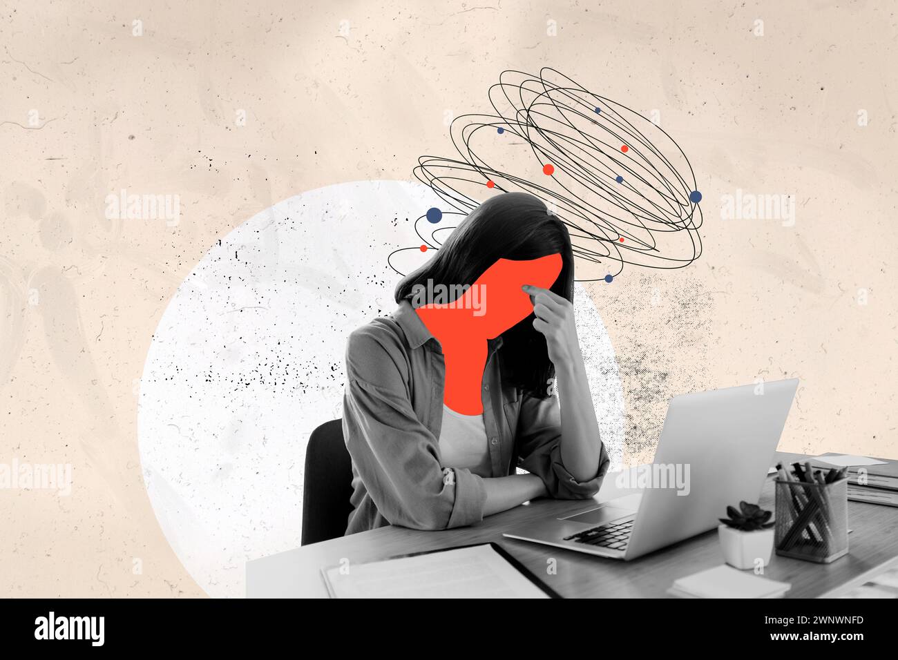 Trend artwork 3D photo collage sketch image of young sad stressed lady ...