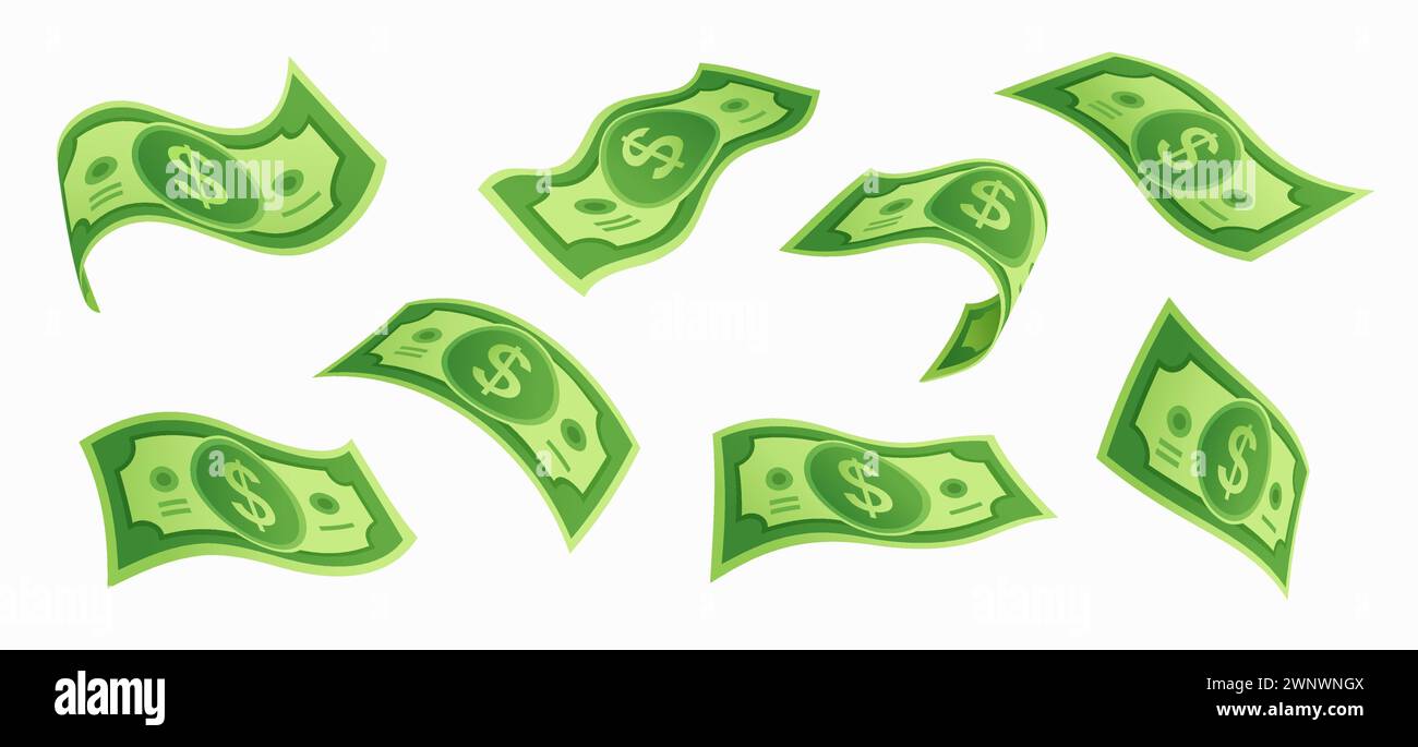 Flying cartoon dollar money banknotes, cash bills, gracefully ...