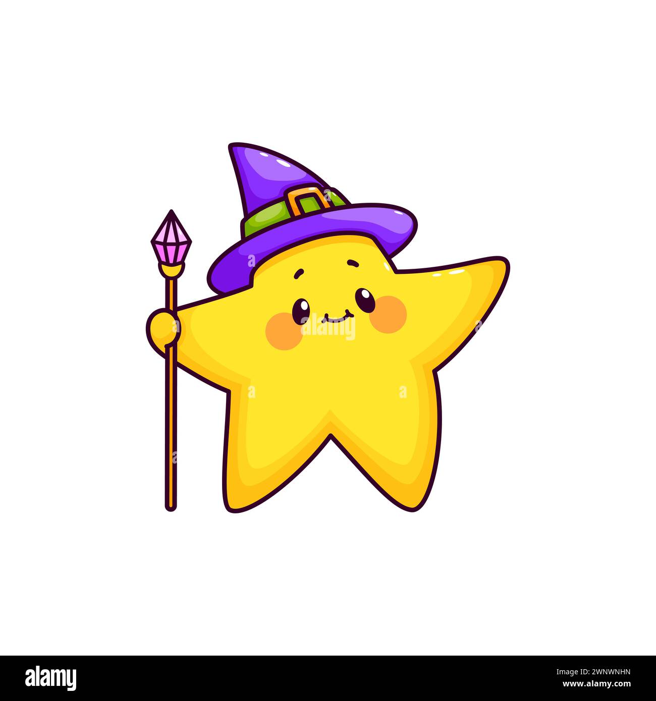 Cartoon funny kawaii star wizard character with magic hat and cane ...
