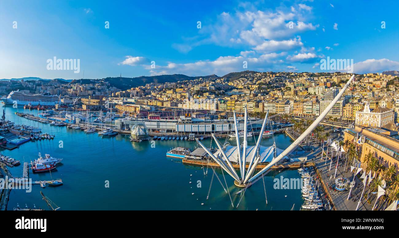 GENOA, ITALY - MARCH 20, 2021: Panoramic view of port of Genoa with ...