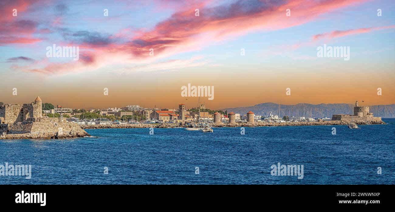 Panoramic view of the medieval town of Rhodes and its harbour from the ...