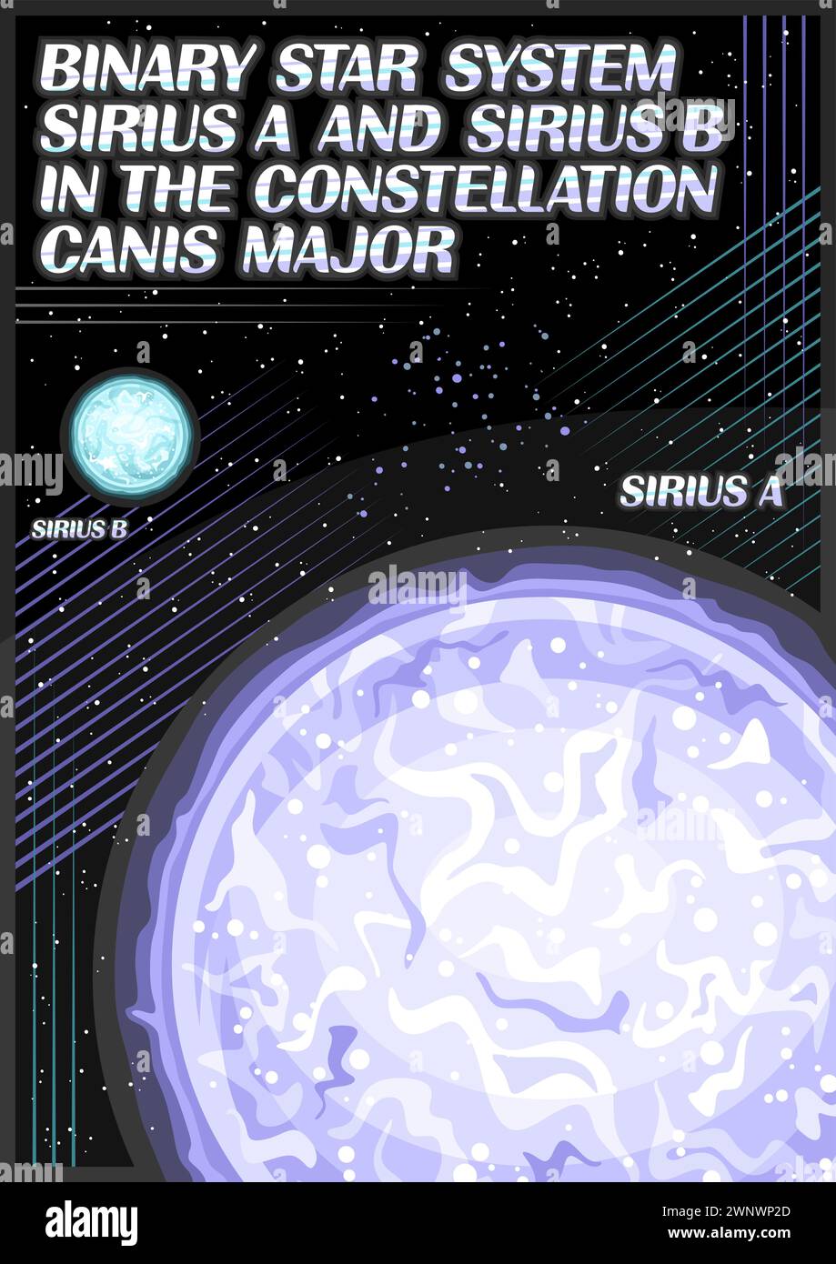 Vector Space Poster, vertical astronomical banner with cartoon design binary star system Sirius ...