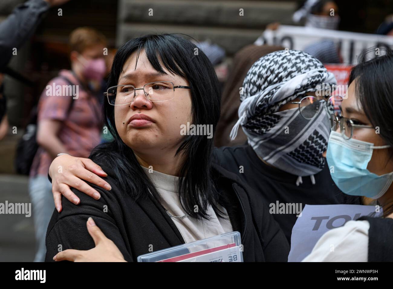 Melbourne, Australia. 04th Mar, 2024. A protester seen crying during ...