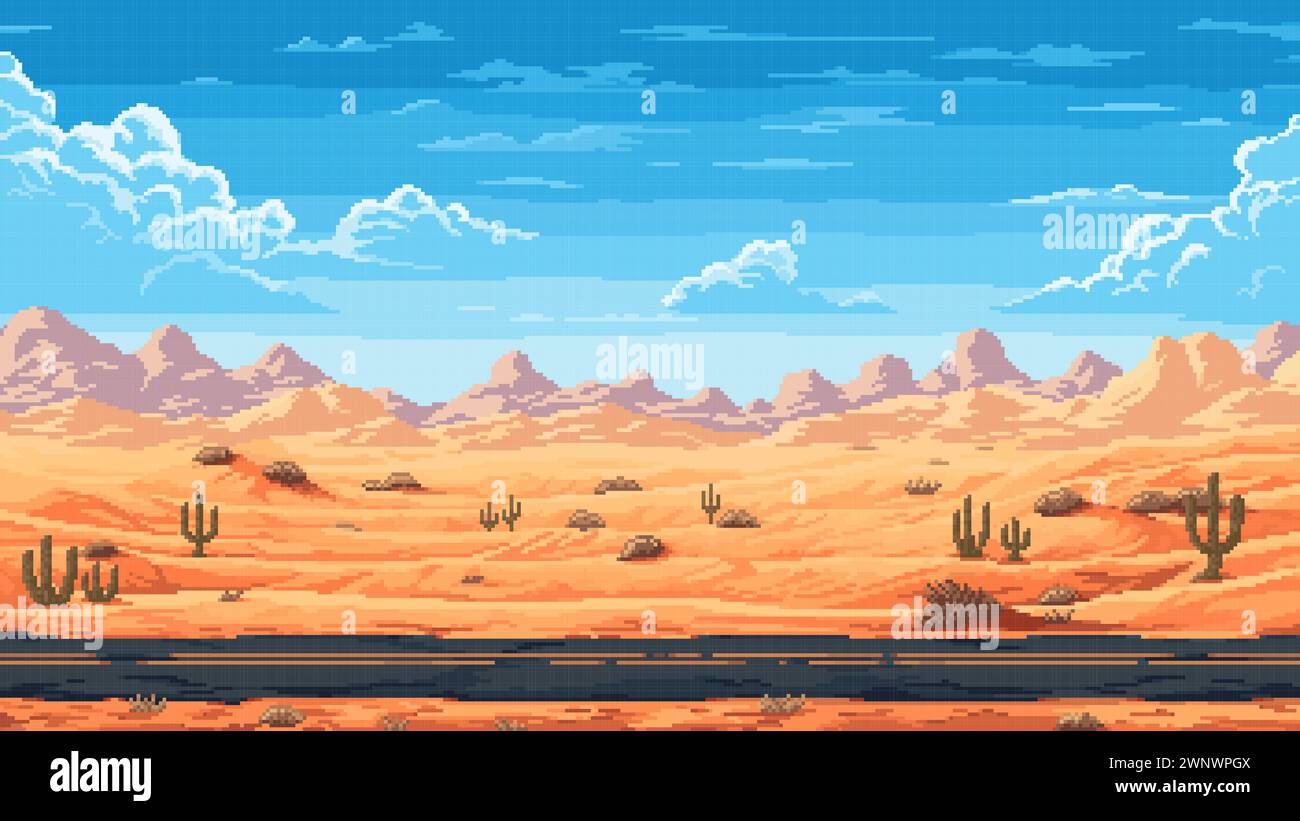 Retro 8 bit pixel american or mexican desert road landscape with ...
